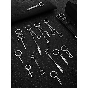 12 Pieces Hoop Dangle Earrings for Men Stainless Steel Hanging Pendant Hinged Hoop Earrings Long Chain Cross Huggie Earrings Fashion Piercing Jewelry Gift for Unisex Men Women (Silver)