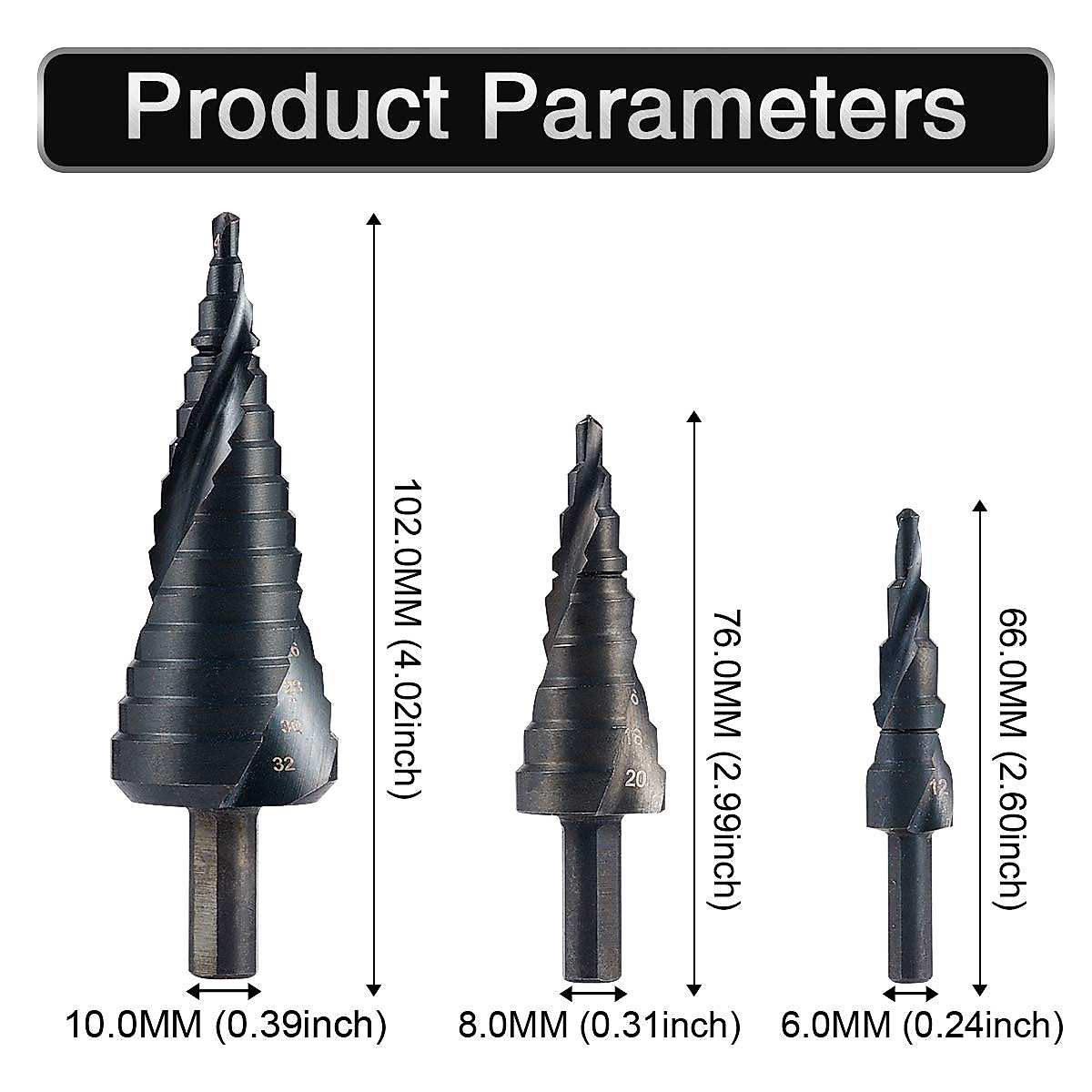 HOHXEN 3 Packs Spiral Step Drill Bit Set with 4-12mm/4-20mm/ 4-32mm, Total 32 Sizes, 1/4" Hex Shank Cone Titanium Coated High Speed Steel, Multi-Functional Industrial DIY Metalworking tools