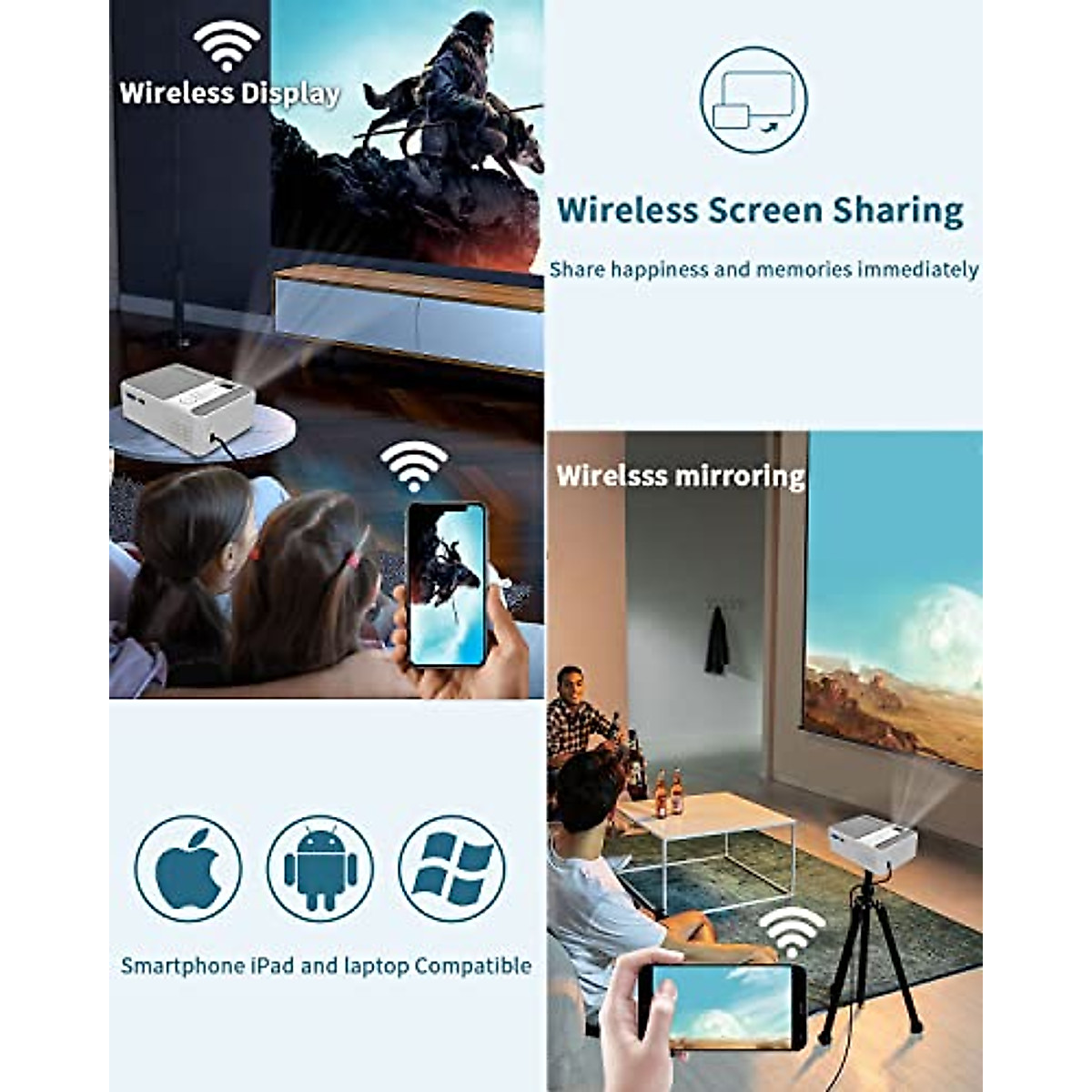 Mini Projector for Outdoor, iOS Android Phone, Wireless HD Projector with WiFi, 1080P YouTube Supported, Portable Video Projector Camping Backyard Movie Nights, Proyector Home Entertainment