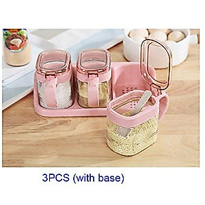 OUTOS Glass Transparent Spice Jar Seasoning Box Set Kitchen Container Tools Condiment Jars Cruet with Cover and Spoon Kitchen Utensils Supplies Salt Cellar with Lid (Pink, 3)(with base)