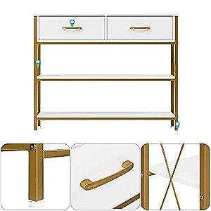 HITHOS Industrial Console Table with Drawers, Vintage Hallway Foyer Table with Storage Shelves, Narrow Long Sofa Entryway Table for Living Room, White/Gold
