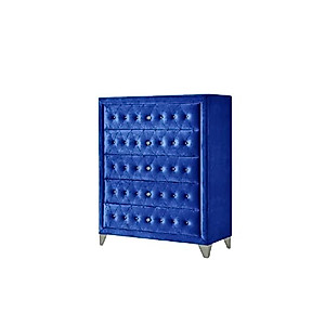 Acme Furniture 5 Drawers Velvet Chest with Button Tufted, Blue