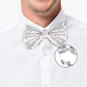 Man of Men Sequin Bow Ties for Men - Pre-tied Adjustable Length Bowtie, Many Colors to Choose From (Silver)