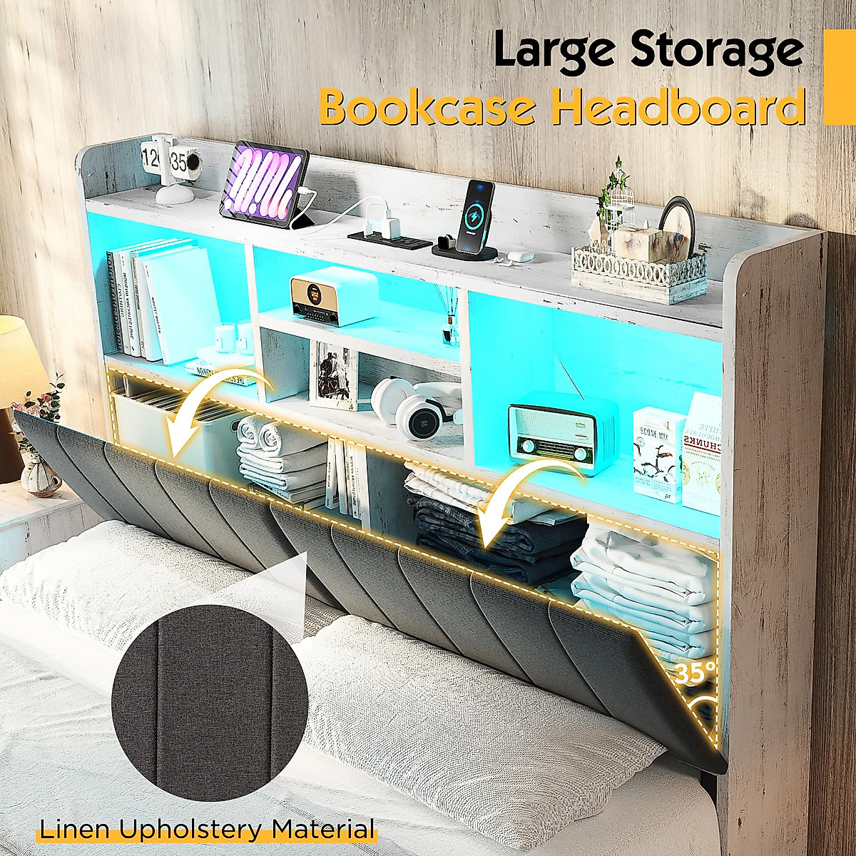 LUXOAK Full Farmhouse Bed Frame with Bookcase Headboard and 4 Drawers, LED Storage Bed with Charging Station & Linen Upholstered, No Box Spring Needed, Distressed White