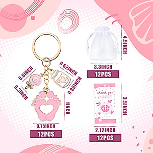BUYWUMORE 12 Sets Baby Shower Favors Pink Footprint Keychains Gifts with Bottle Lollipop White Organza Bags and Thank You Tags for It's a Girl Decorations Baby Shower Party Supplies (PINK)