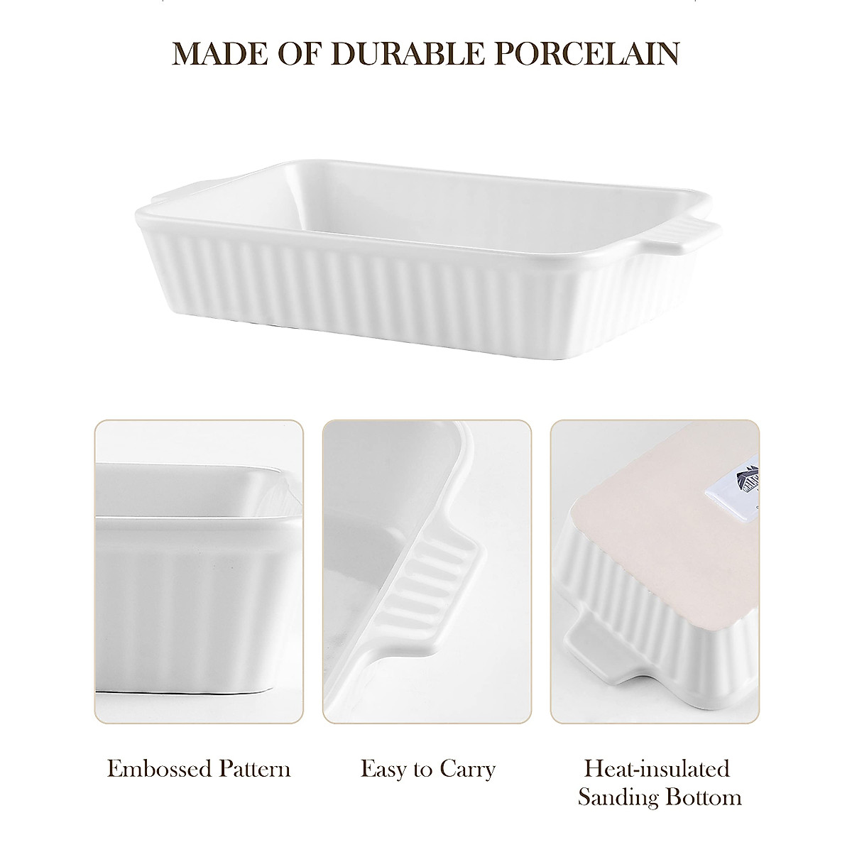 MALACASA Casserole Dishes for Oven, Porcelain Baking Dishes, Ceramic Bakeware Sets of 4, Rectangular Lasagna Pans Deep with Handles for Baking Cake Kitchen, White (9.4"/11.1"/12.2"/14.7"), Series