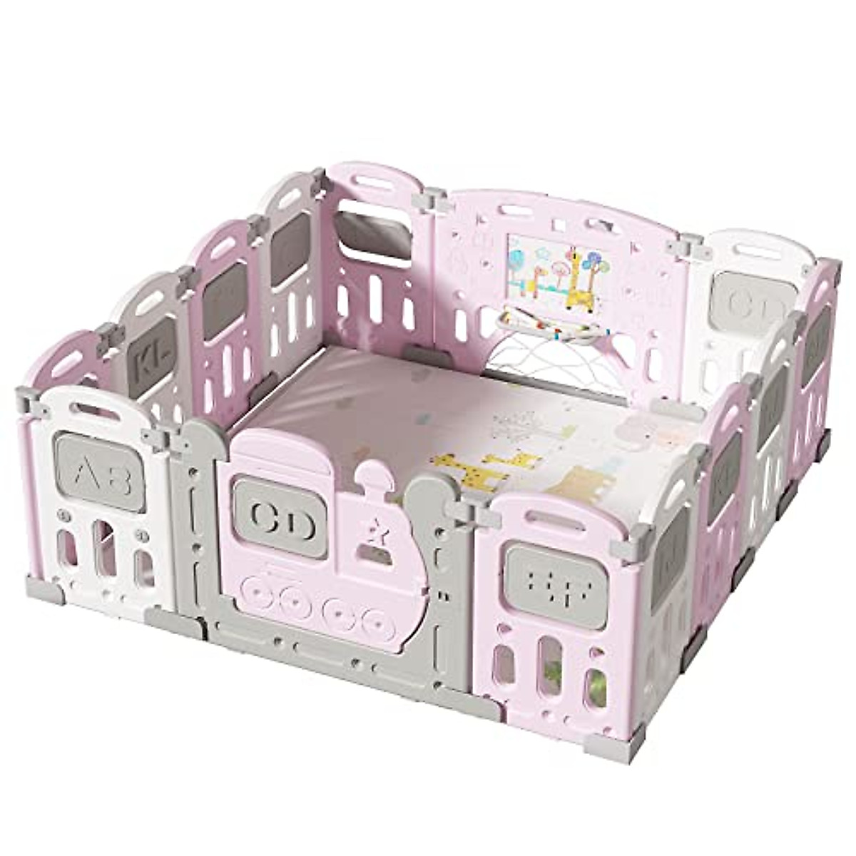 UNICOO – Baby Playpen, Foldable Kids Fence Activity Center, Safety Playard with Games Station Non-Slip Rubber Bases, Adjustable Shape (ZC-001-PW Pink + White)