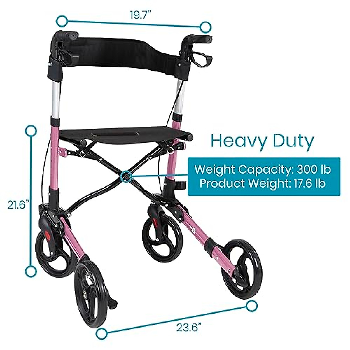 Vive Mobility Rollator Walker - Folding 4 Wheel Medical Rolling Walker with Seat & Bag - Mobility Aid for Adult, Senior, Elderly & Handicap - Aluminum Transport Chair (Pink)
