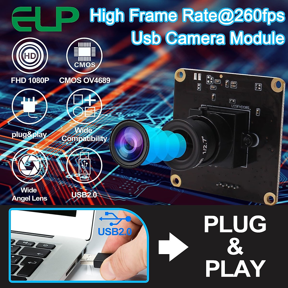 High Frame Wide Angle USB Camera Module for Laptop 1080P Mini USB2.0 Webcam Board High Speed 260fps 120fps 60fps USB with Camera PC Industrial Embedded Lightburn Camera for Computer Raspberry Pi