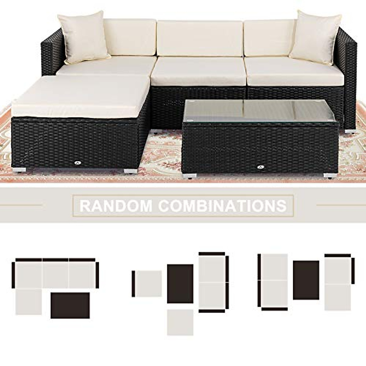 CharaVector Patio Furniture Set, Outdoor Sectional Rattan Sofa Wicker Conversation Couch Set 5 Pieces with Pillows&Coffee Table&Thick Cushions for Backyard Garden Poolside