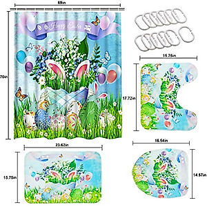 Ikfashoni 4 Pcs Easter Shower Curtain Set with Non-Slip Rugs, Toilet Lid Cover and Bath Mat, Spring Floral Shower Curtains with 12 Hooks, Rabbit Bunny Egg Shower Curtains for Bathroom