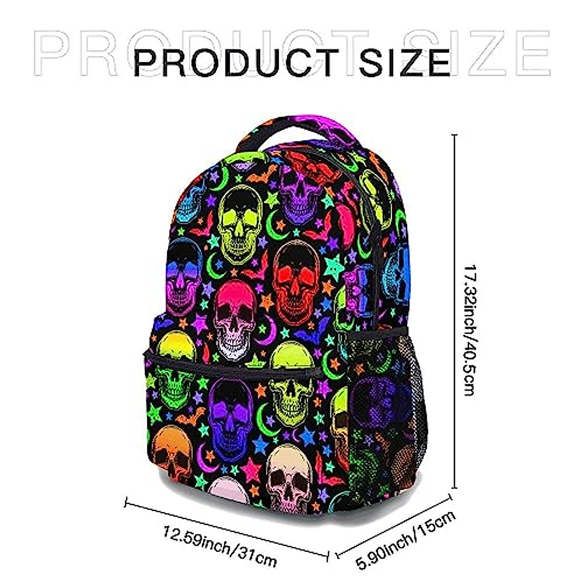 oallpu Colorful Skull Backpack, Stylish Shoulders Backpack Lightweight Durable Skull Daypack Cool Laptop Bag, 17inch Classic Backpack (Colorful Skull)