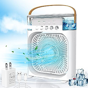 Portable Air Conditioner Fan,Personal Mini Small Evaporative Air Cooler with AC adapter,Desktop Cool Humidifier with 7 Colors LED Light,1/2/3 H Timer,3 Speeds & 3 Spray for Room Office Home Travel