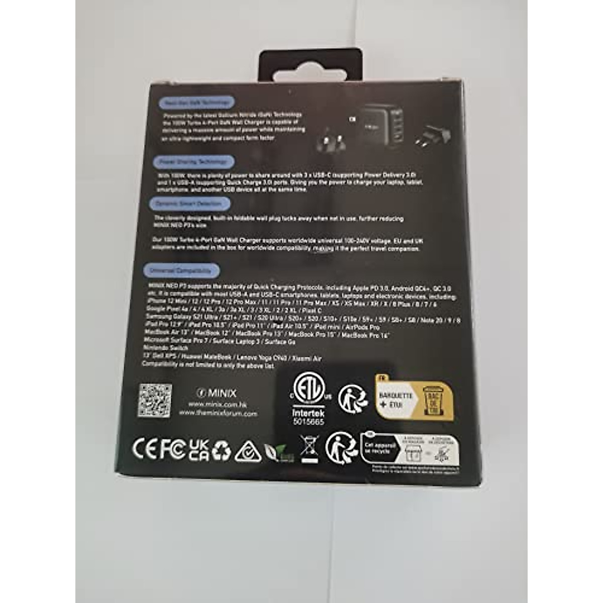 MINIX NEO P3 100W Turbo 4-Ports GaN Wall Charger, 3 x USB-C Port Fast Charging Adapter(Max 100W/20W), 1 USB-A (Max 18W). Compatible with MacBook Pro Air, iPad Pro, iPhone 13,12,Galaxy S9 and More.