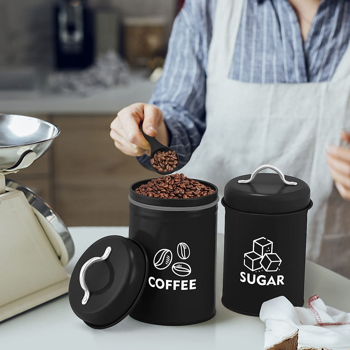 LIANYU 8 Piece Canister for Kitchen Counter, Large Food Kitchen Coffee Tea Sugar Metal Canisters Set with Spoons, Rustic Farmhouse Storage Set, Black