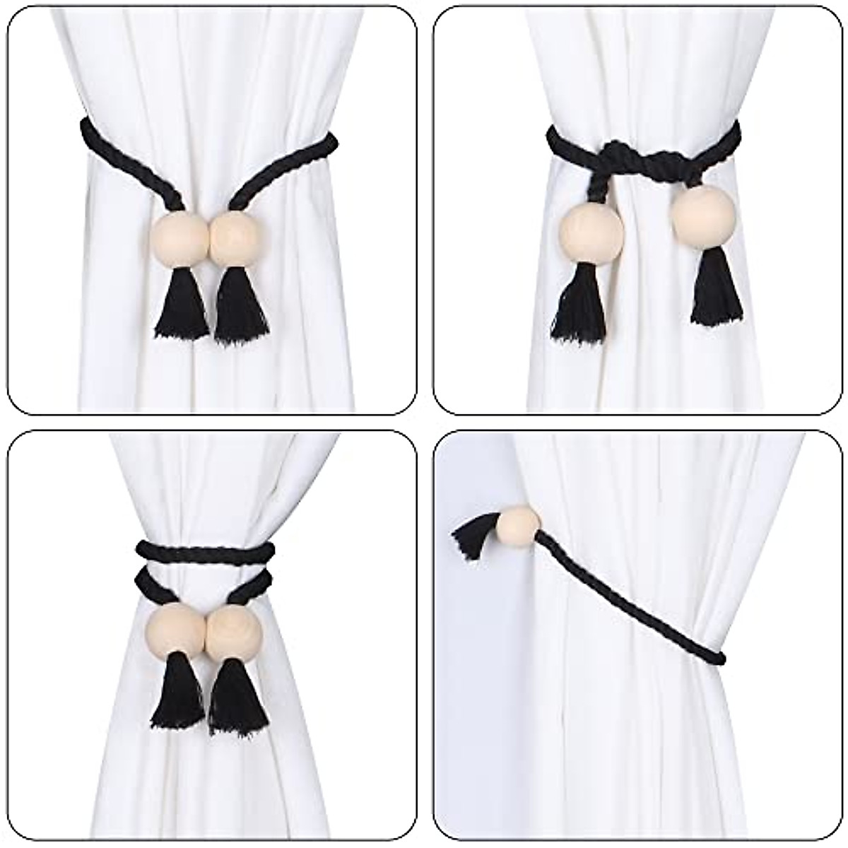 OCIOLI 2 Pack Strong Magnetic Curtain Tiebacks Black Curtain Holdbacks Outdoor Curtain Tiebacks Cotton Hand Woven Tie Backs Curtain Drapery Holdbacks Curtain Ties for Drapes (Black - Ball, 2)