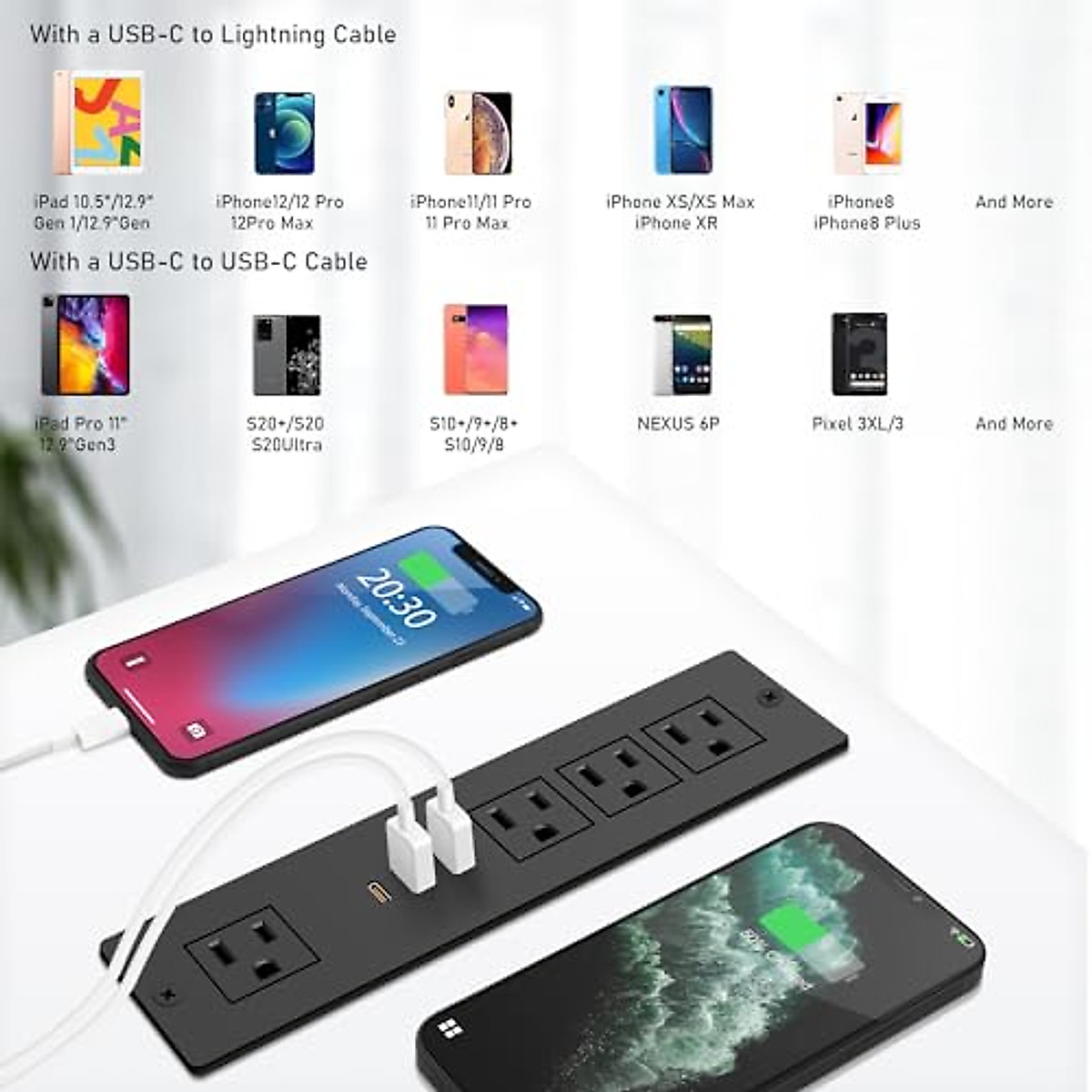 Type-C Recessed Power Socket, 20W PD Fast Charging USB-C QC3.0 3A USB-A Power Strip, Plug in 4 Outlets & 2 USB-A Ports &1 USB-C Port,Connect Flat Plug 6.5ft Extension Cord Black