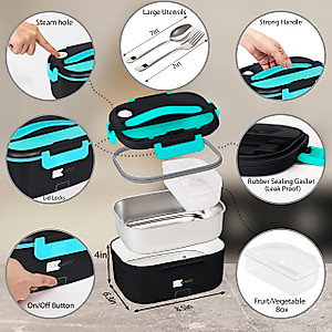 FORABEST Electric Lunch Box Food Heater Upgraded 60W Leakproof 2-in-1 Portable Food Warmer Lunch Box for Car & Home with Power on Button, Removable Container, Large Fork, Spoon (Green & Blue)
