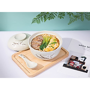 LLDAYU Japanese Creative Hand-Painted Ceramic Bowls with Soup Spoon, Large 27.5 OZ ramen bowls/Soup bowls,with Heat Preservation Function, and Suitable for Microwave Oven, and Dishwasher - Cyan Blue