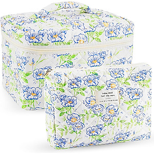 URSKYTOUS 2Pcs Cotton Quilted Makeup Bag for Women Floral Extra Large Small Travel Cosmetic Bag Set Big Cute Blue Makeup Pouch Portable Toiletry Bag Organizer Coquette Vintage Puffy Travel Essential