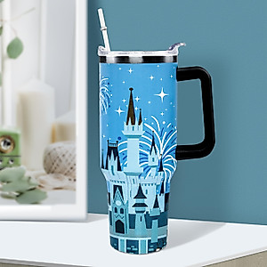 Sxdcfrs Cartoon Castle Tumbler 40 Oz With Lid and Straw Stainless Steel Insulated with Handle Blue Firework Travel Coffee Mug - Birthday,Christmas Gift