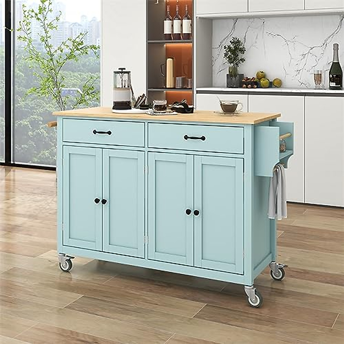 Kitchen Island Cart with Spacious Tabletop and Locking Wheels, 54.3" Large Kitchen Trolley Cart with 4 Door Cabinet and Two Storage Drawers Spice Rack Towel Rack Rolling Kitchen Island Cart Mint Green