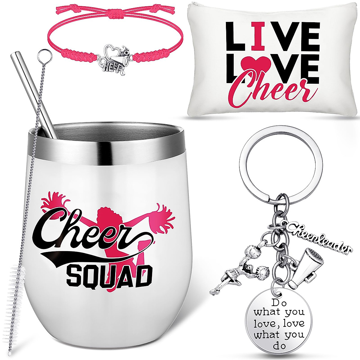 Irenare 4 Pcs Cheerleader Gifts Set 12 oz Cheer Tumbler Makeup Bag Cheerleading Bracelet Cheer Keychain for Cheer Accessories(Pink)