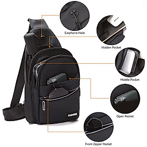 LaliBuBB Waterproof Sling Bag for Men and Women, Crossbody Bag with Headphone Hole, One Shoulder Chest Backpack for Traveling, Hiking, Camping (Black)