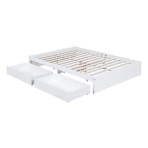 Wood Full Size Daybed with Fence Guardrails and 2 Drawers, Used as Independent Floor Bed & Daybed,for Kids Toddler Teens Adults Bedroom Use (White@Fence/, Full)