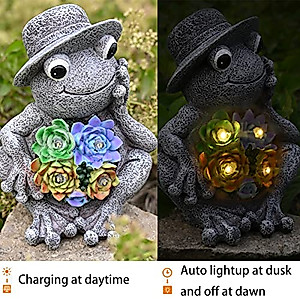 Sparkle Race Frog Garden Figurines Outdoor Decor Solar Frog with Succulents and 4 Led Lights Outdoor Gnomes Decorations for Patio, Balcony, Yard, Lawn Ornament Outside