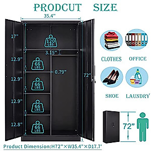 Letaya Metal Storage Cabinets Locker with Lock Door, 72'' Clothing Coat Steel Storage Freestanding Wardrobe for Office, Home, School, Employee,Gym,Fire Department (Black)