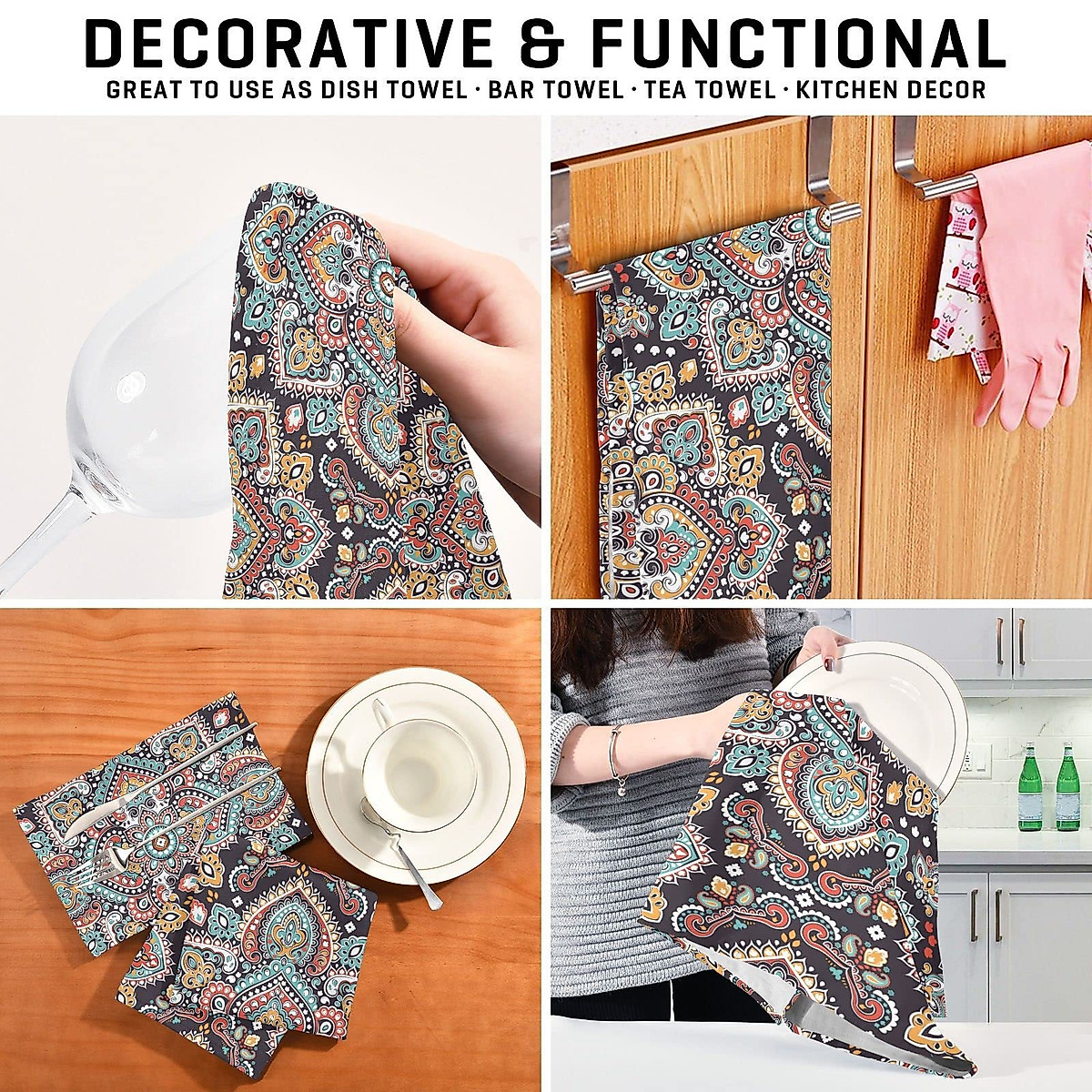 MNSRUU Kitchen Towels Dishcloths Sets 4Pcs with Hanging Loop, Indian Floral Paisley Absorbent Kitchen Décor Cleaning Hand Towel Tea Towels for Farmhouse Kitchen Dishes Tea Home