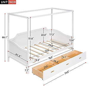 Bellemave Twin Canopy Beds Wood Daybed with Storage Drawer Modern 4-Poster Beds Twin Size for Kids Boys Girls Teens, White