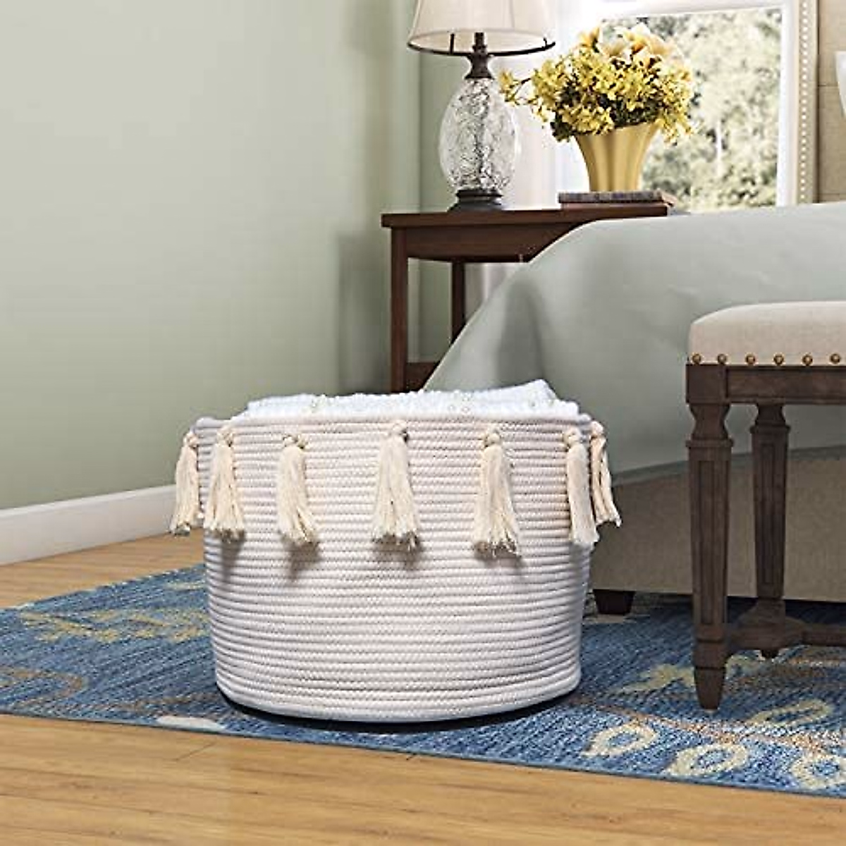 ABETREE Tassel Woven Storage Laundry Basket 17.7" x 11.8" with Handle Cotton Hamper Nursery Basket Blanket Baby Toy Storage Organizer