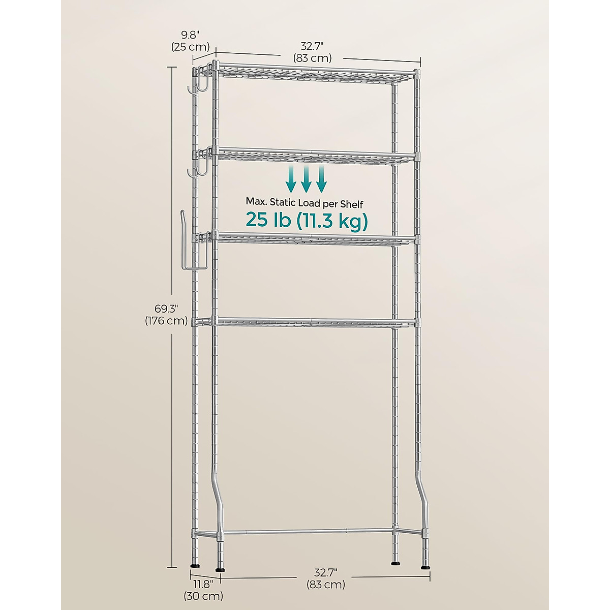 SONGMICS 4 Tier Over The Toilet Storage, Metal Storage Rack, Adjustable Shelves, 4 Hooks, Roll Holder, Space-Saving Bathroom Storage Shelf Organizer, 11.8 x 32.7 x 69.3 Inches, Silver Gray UBTS023G01