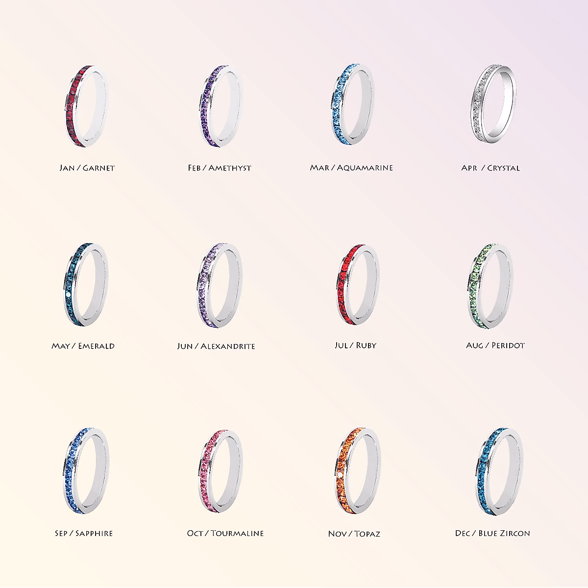 Muses Art Design Birthstone Eternity Band Ring (Channel Set/Full Round), Stackable Fashion Ring with Crystal Birthstone