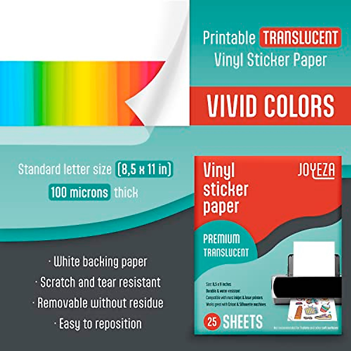 JOYEZA Premium Printable Vinyl Clear Sticker Paper for Inkjet Printer - 25 Sheets Translucent Waterproof, Dries Quickly Vivid Colors, Holds Ink well - Inkjet & Laser Printer