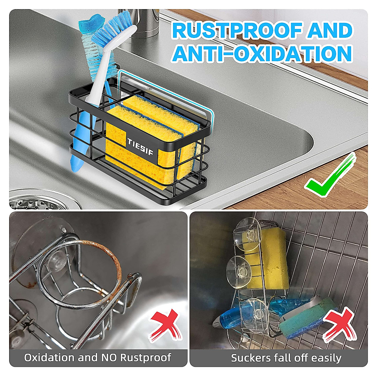 Sponge Holder for Kitchen Sink Caddy 2 in 1 Sink Organizers Stainless Steel 6.8" x 3" x 3.1" No Drilling with Adhesives