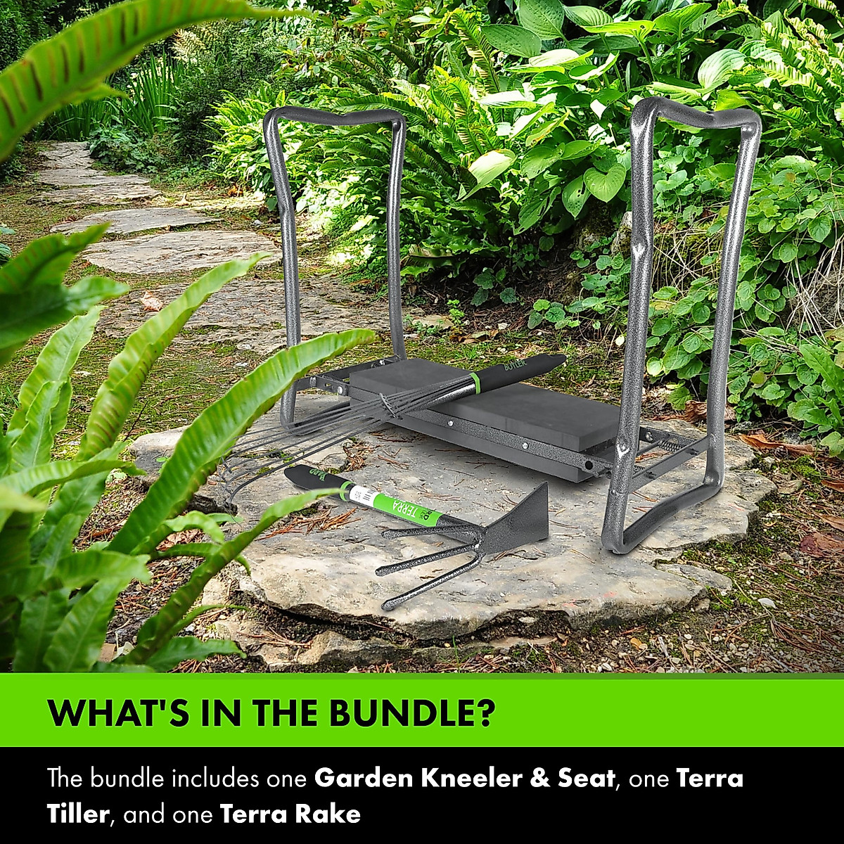 Yard Butler- Garden Kneeler/Seat with Terra Rake and Terra Tiller - Gardening Tools & Supplies Set Perfect for Gardeners - Ergonomic & Durable Designs