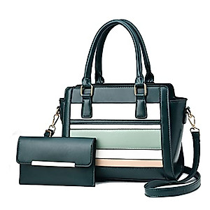 ZiMing® Handbag Set for Women Faux Leather Tote Bag Top Handle Bag Stripe Splicing Purse Wallet Clutch 2Pcs Set-Green