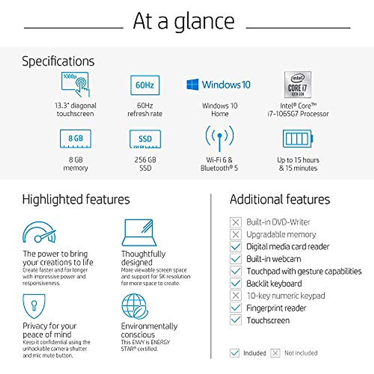 HP Envy 13 Laptop, Intel Core i7-1065G7, 8 GB Ram, 256 GB SSD Storage, 13.3” Full HD Touchscreen, Windows 10 Home, Fingerprint Reader (13-ba0010nr, 2020 Model)