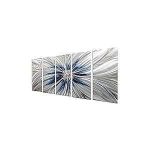 RICHSPACE ARTS Contemporary Metal Wall Art Blue and Silver Modern Sculpture Decor for Living Room 3d Flower Aluminum Artwork for Home and Office