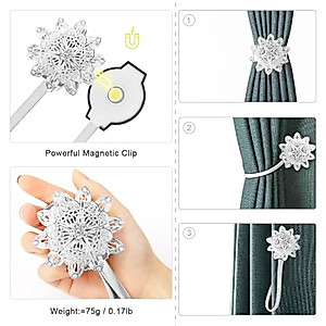 AULEEP Magnetic Curtain Tiebacks, 4 Pack Magnetic Decorative Drapes Curtain Clips Buckle, Flower Curtain Tie Back, European and American Style (Silver)