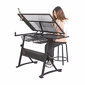 EESHHA Drawing Table Drafting Table with Storage, Height Adjustable Tiltable Art Desk, Glass Panel Drawing Desk, for Work Study Painting Craft Table