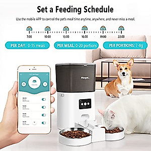 Mavpet 6L Automatic Cat Feeder, 2.4G WiFi Smart Dry Food Dispenser, Detachable Pet Feeder with Two Stainless Steel Bowls & Meal Splitter, APP Control, 10s Voice Recording, Up to 15 Meals Per Day