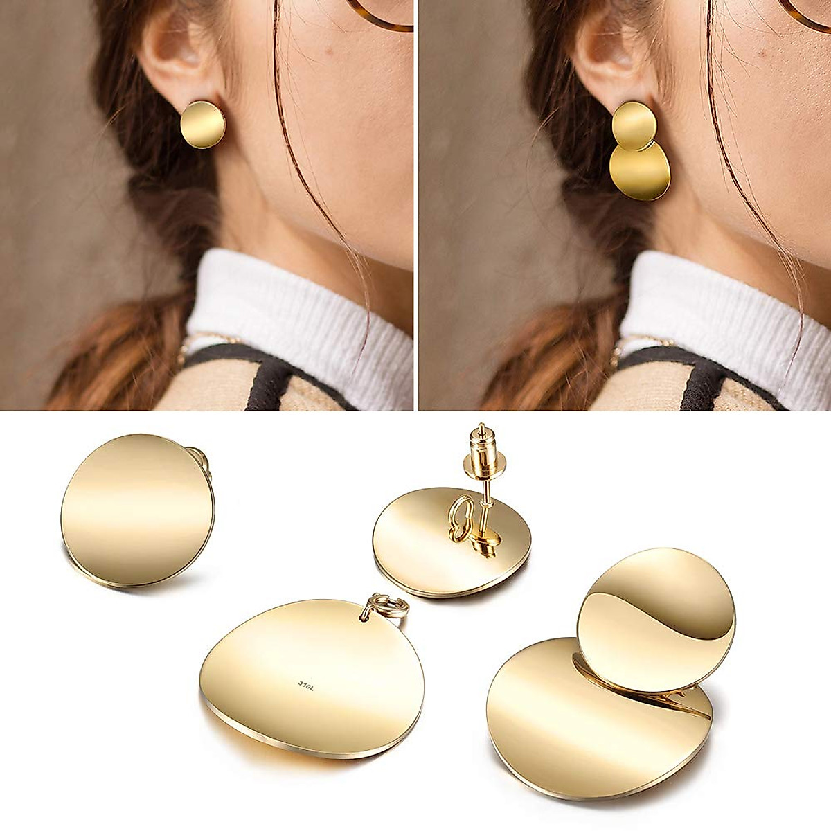 WISTIC Gold Hoop Earrings Double Layered Disc Drop Fashion Earrings 14K Gold Plated Polished Stainless Steel Earrings Jewelry (Double Disc Drop Earrings (Gold))
