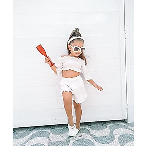 Kids Toddler Baby Girls Off Shoulder Flare Sleeve Tube Crop Top Shirt Ruffle Shorts Headband 3 Piece Summer Outfits (White,3-4T,)