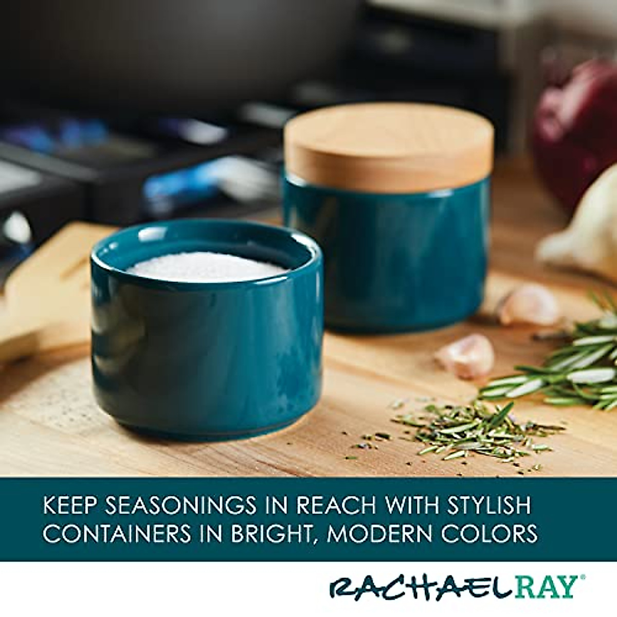 Rachael Ray Ceramics Stacking Spice/Seasoning Box Set with Lid, 2 Piece, Teal