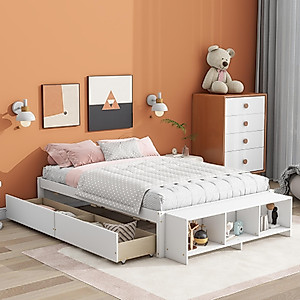 Harper & Bright Designs Full Size Platform Bed with 2 Storage Drawers, Wood Full Size Bed Frame with Storage Case, Full Storage Bed with Wood Slats Support for Bedroom, No Box Spring Needed, White