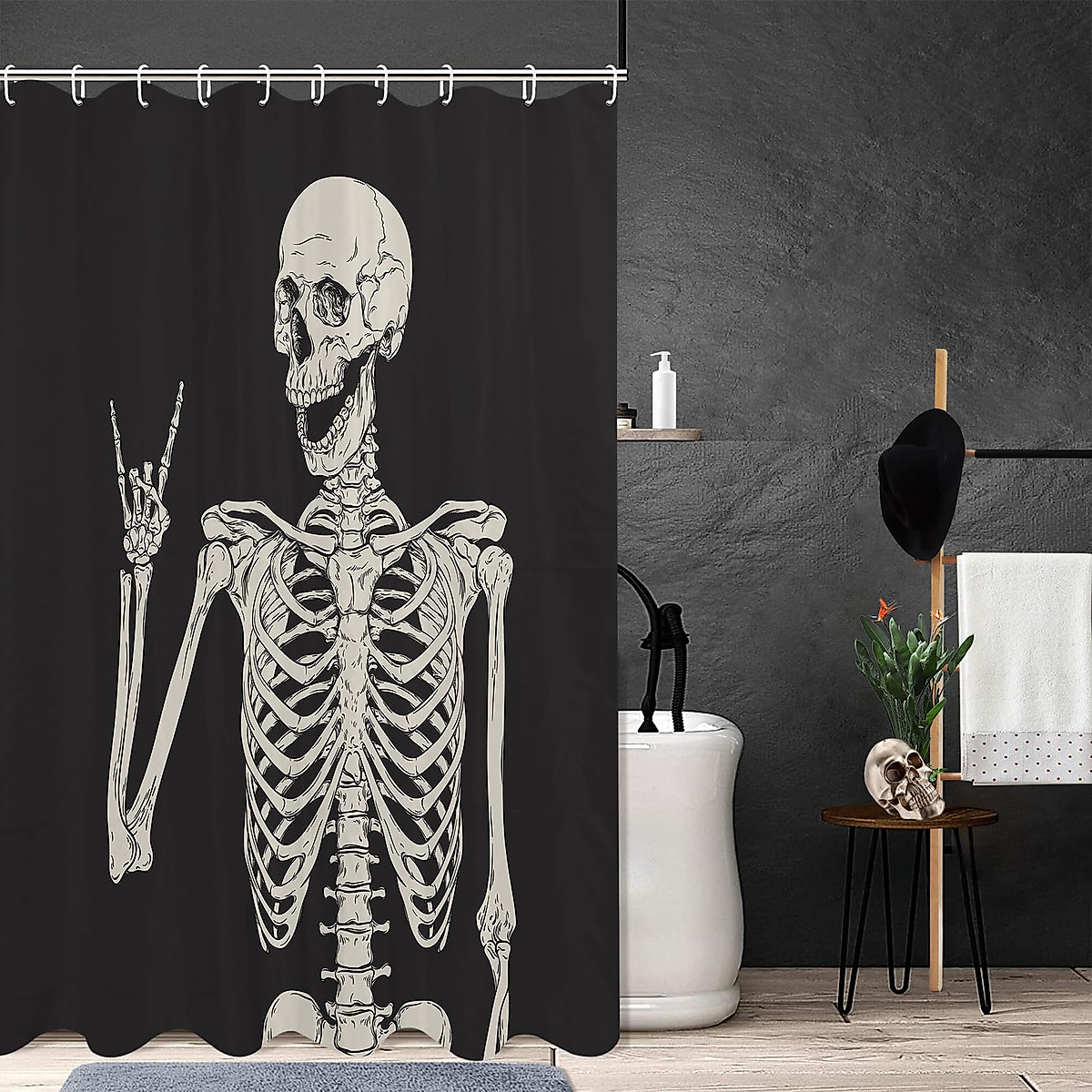 JOOCAR Rock and Roll Skull Skeleton Bone Love Music Vintage Shower Curtain Waterproof Sugar Candy Skull Day of Dead On Black Backdrop Bath Room Shower Curtain with 12 Hooks